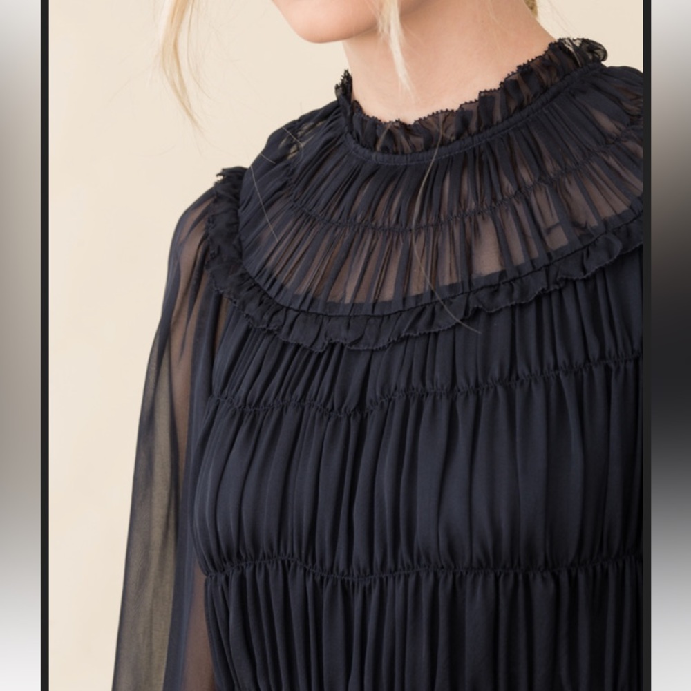 Ulla Johnson Emmaline Smocked Silk Mock Neck Navy Blu… - Gem